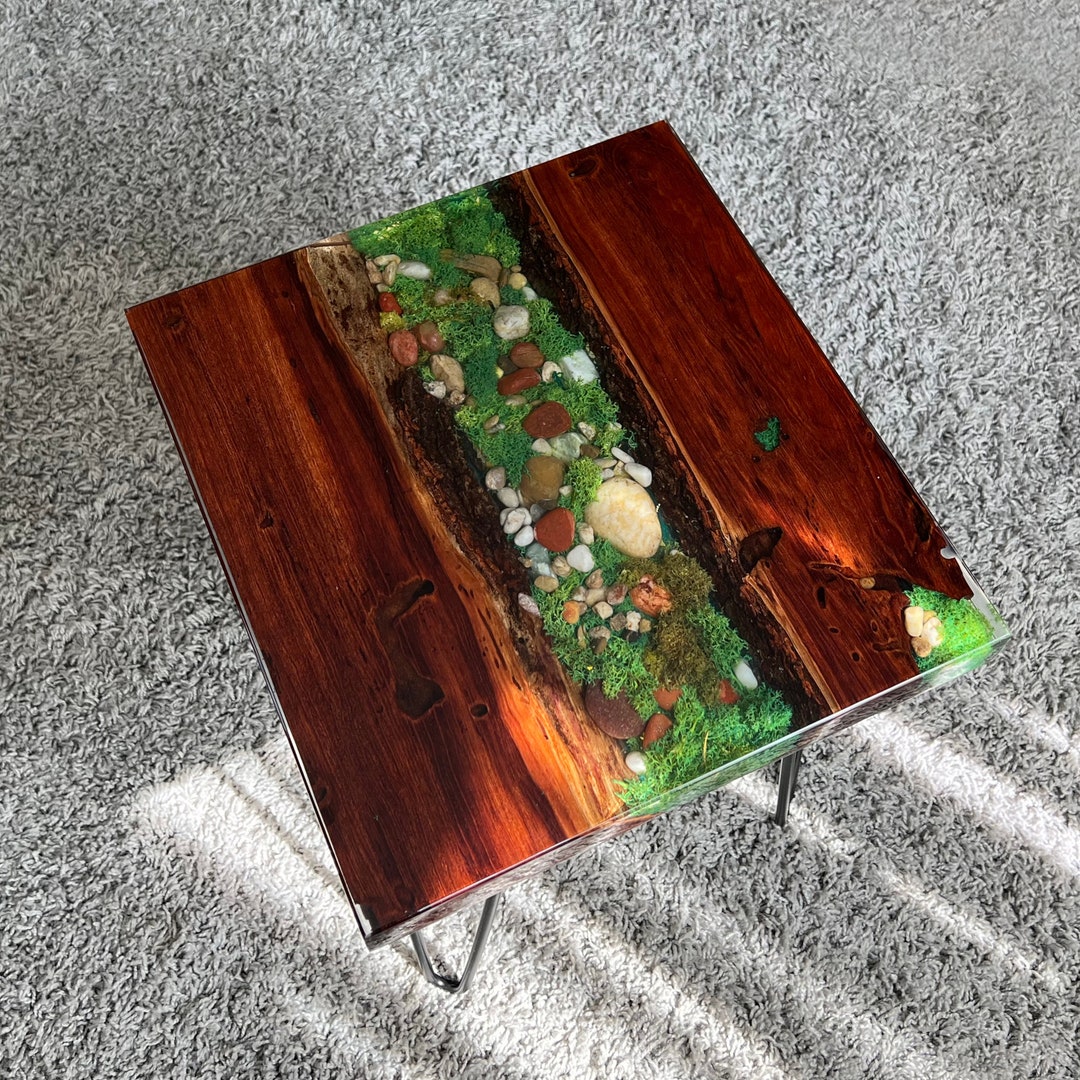 Epoxy River Live Edge End Table: Wood, Rocks & Moss Inlay - Etsy