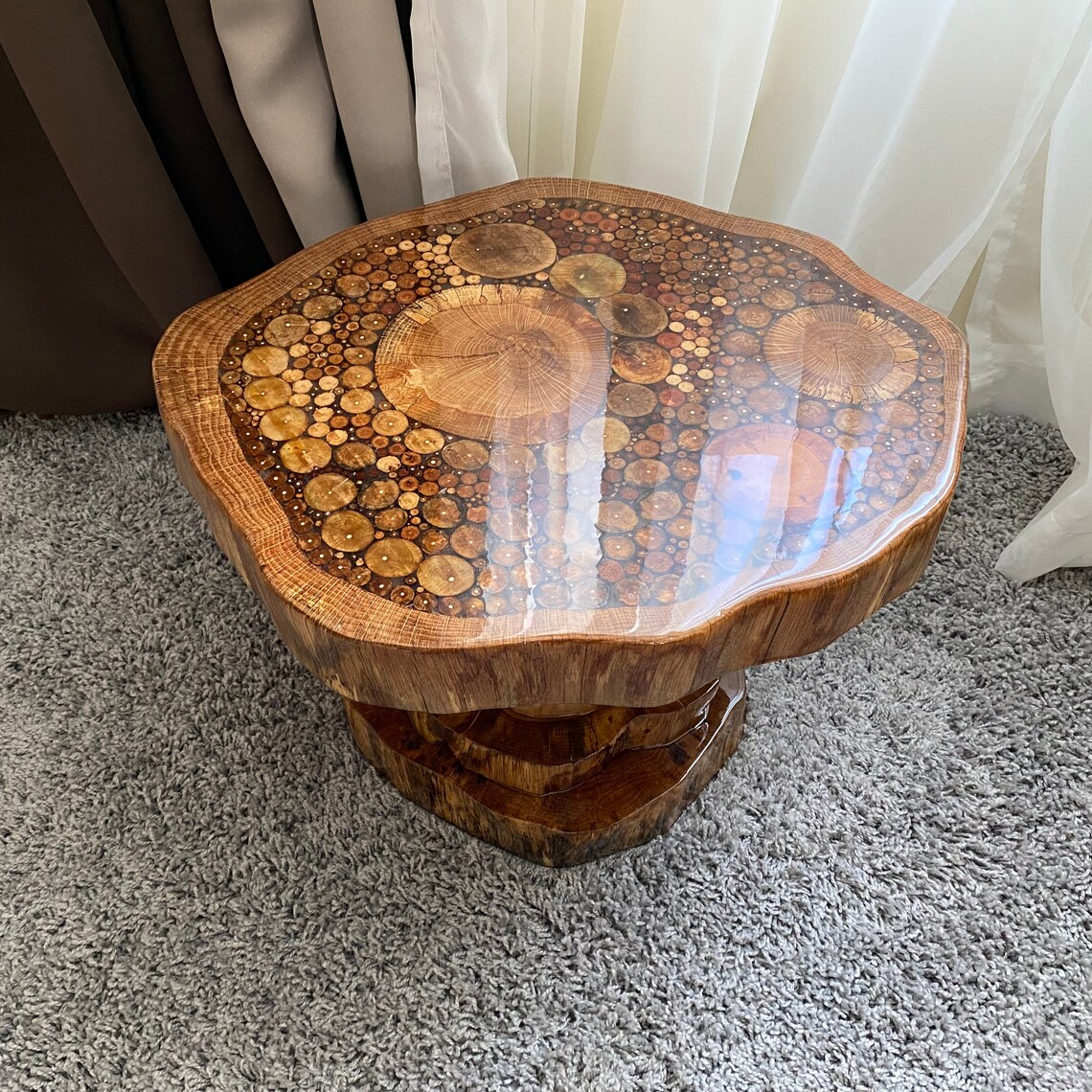 Epoxy Live Edge Side Table: Wood Slice Mosaic, Pedestal Nightstand - Etsy