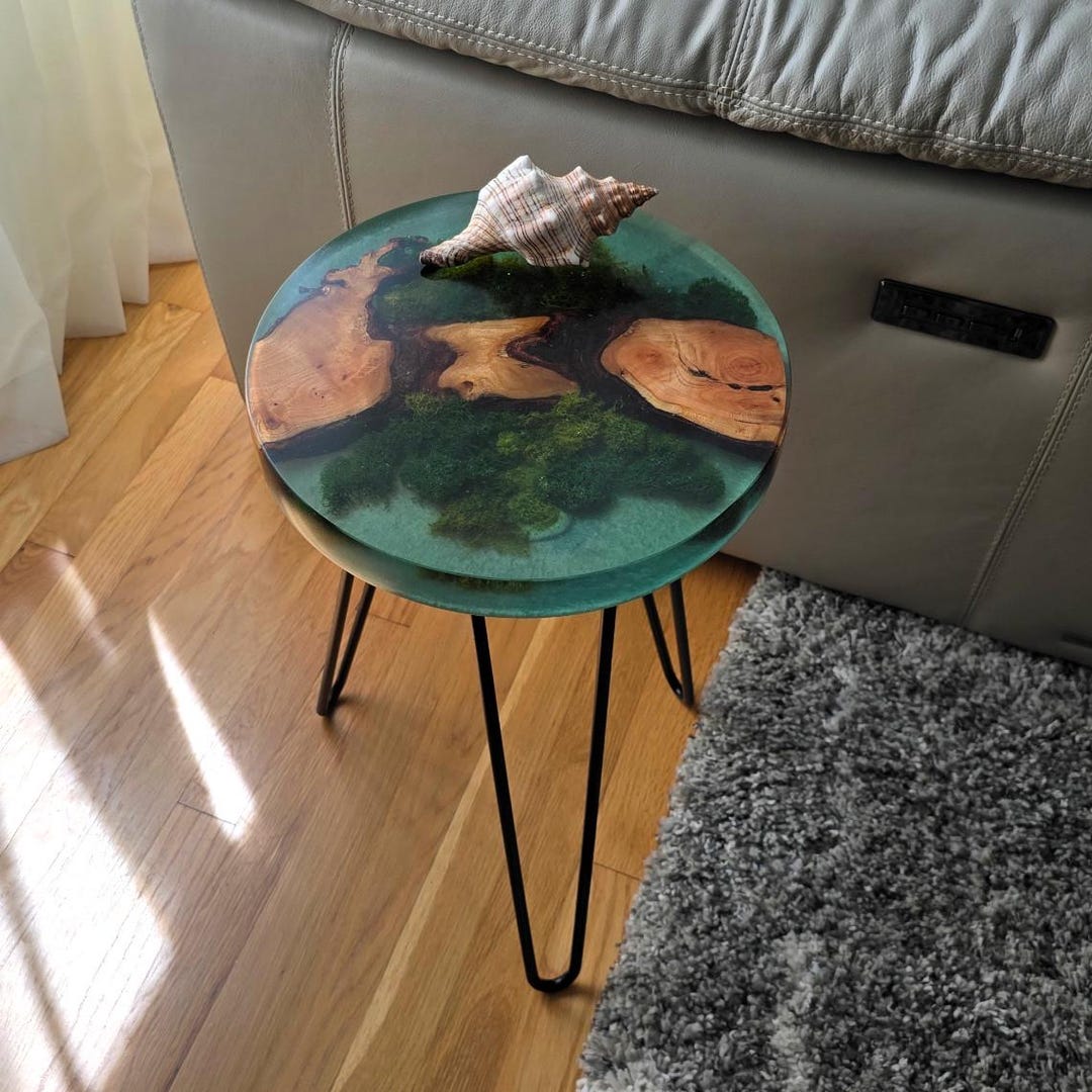 Live Edge Oak & Epoxy Resin End Table, Handmade Hairpin Leg Nightstand ...