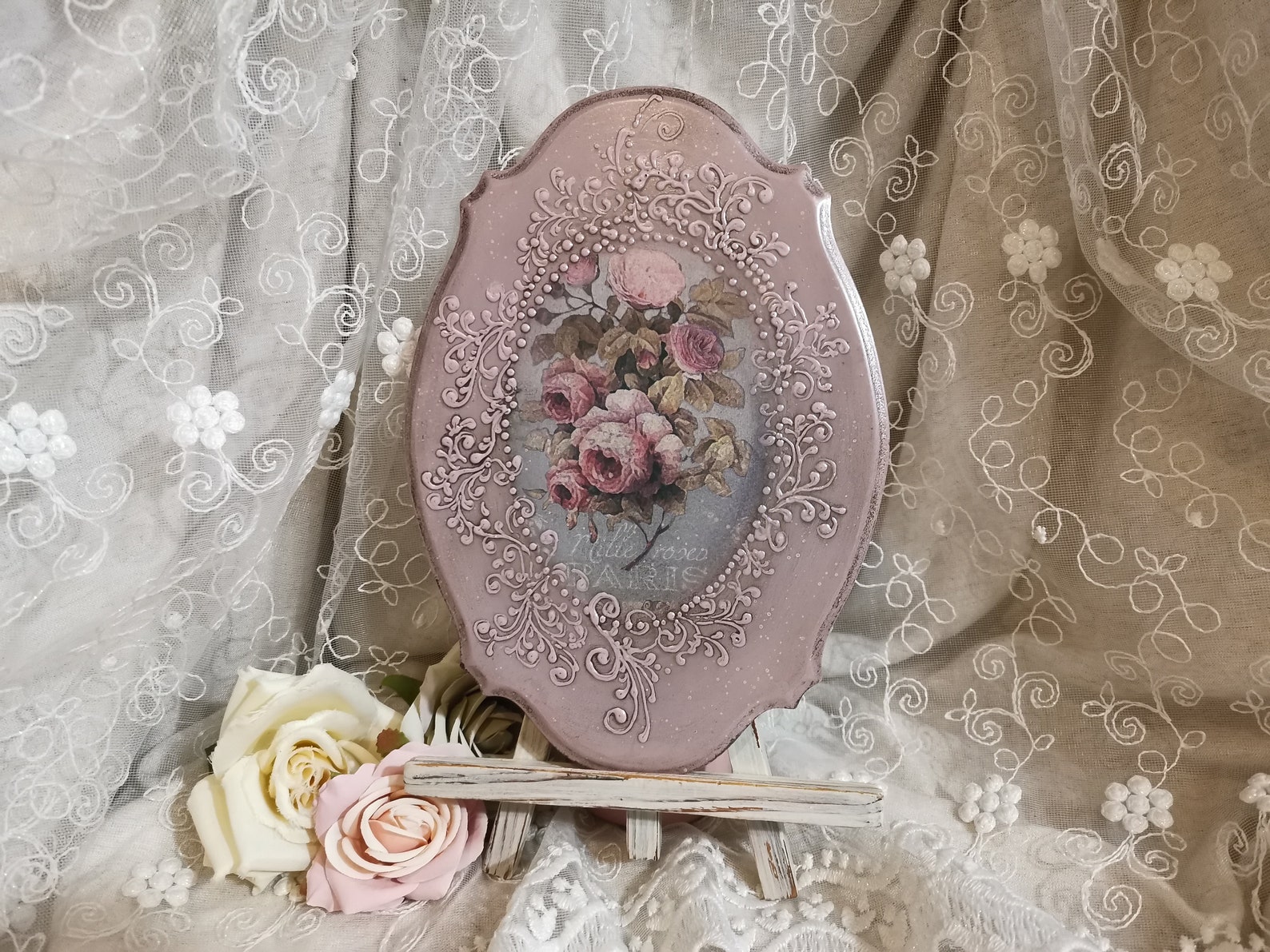 Decoupage Ashy Rose & Grey Wall Decor Roses Print Wall Art Decoupage Picture Wood Wall Art Signs ...