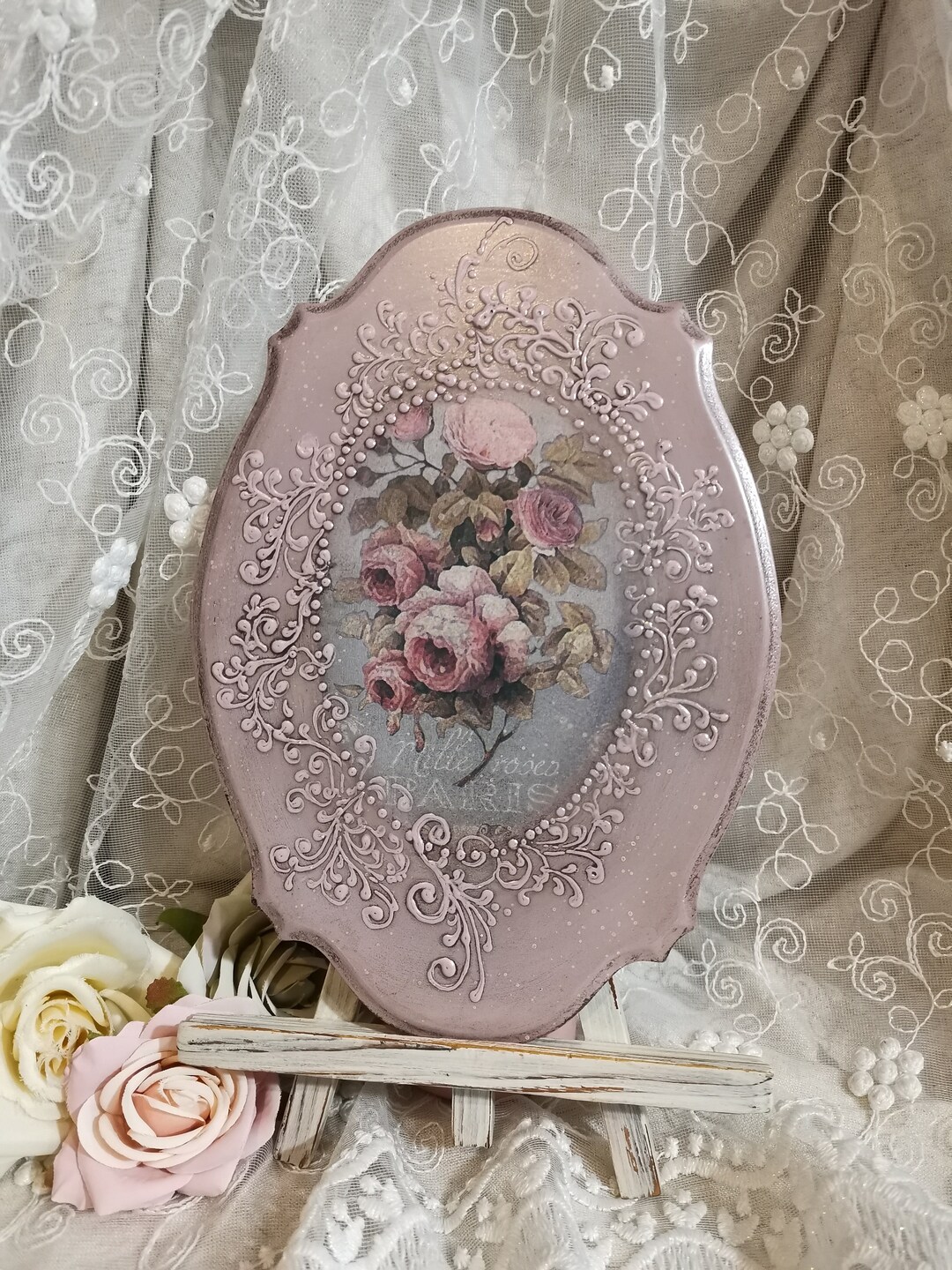 Decoupage Ashy Rose & Grey Wall Decor Roses Print Wall Art Decoupage Picture Wood Wall Art Signs ...