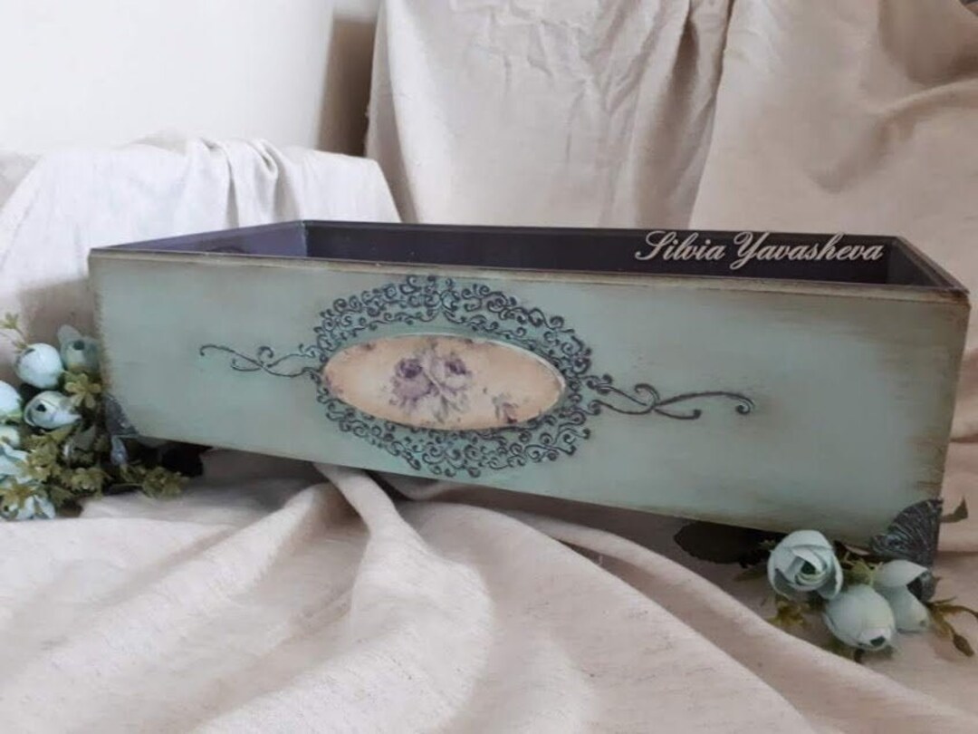 Large Book Storage Box Vintage Style Blue Big Box Deoupaged Large Box ...