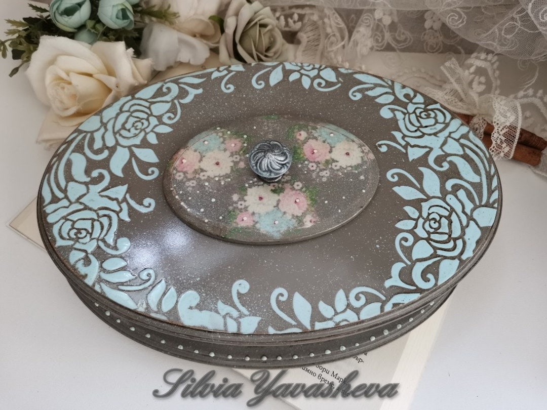 Blue Roses Oval Box Jewelry Box Floral Box Trinket Box Memory Box ...