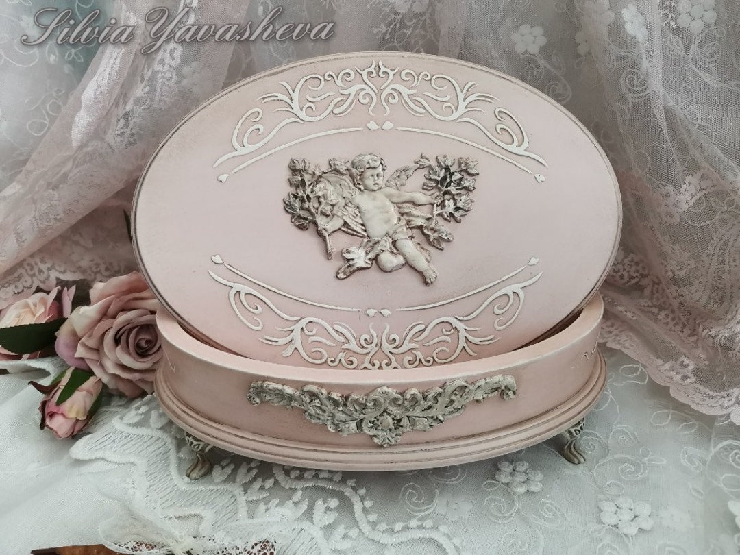 Victorian Style Oval Box Jewelry Box With Angel Pale Pink Memory Box ...