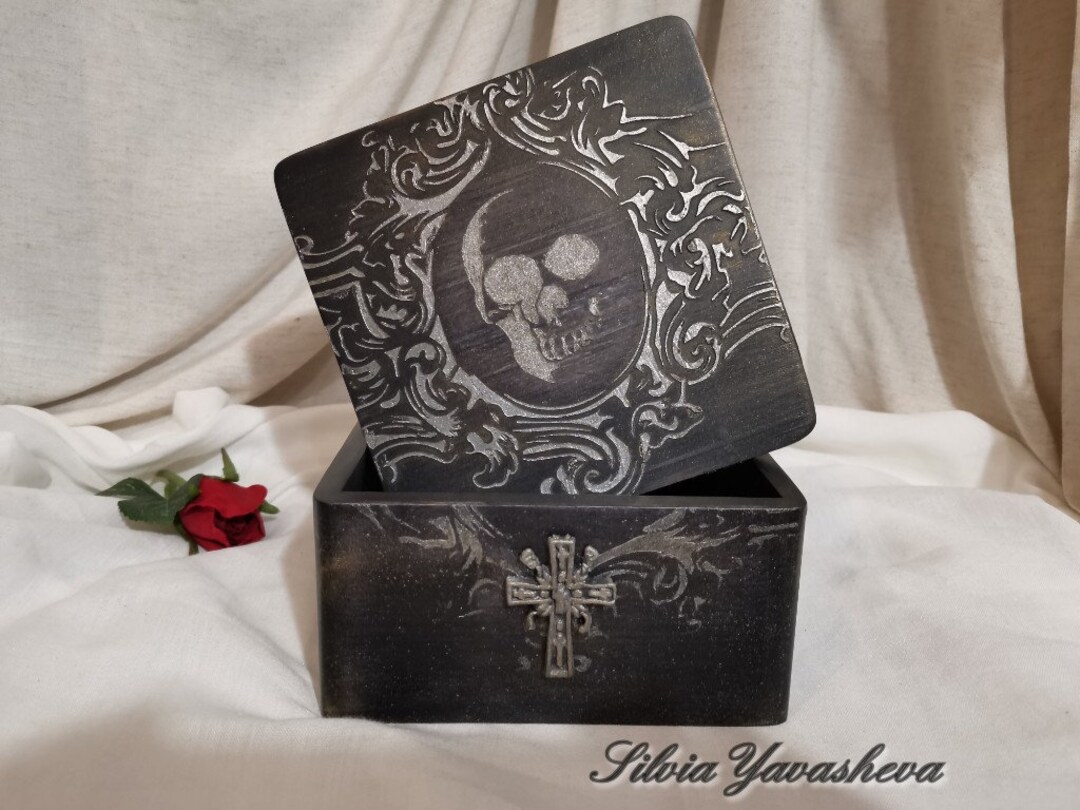 Gothic Wood Box Gothic Trinket Box Skull Box Silver Skull Box Black ...
