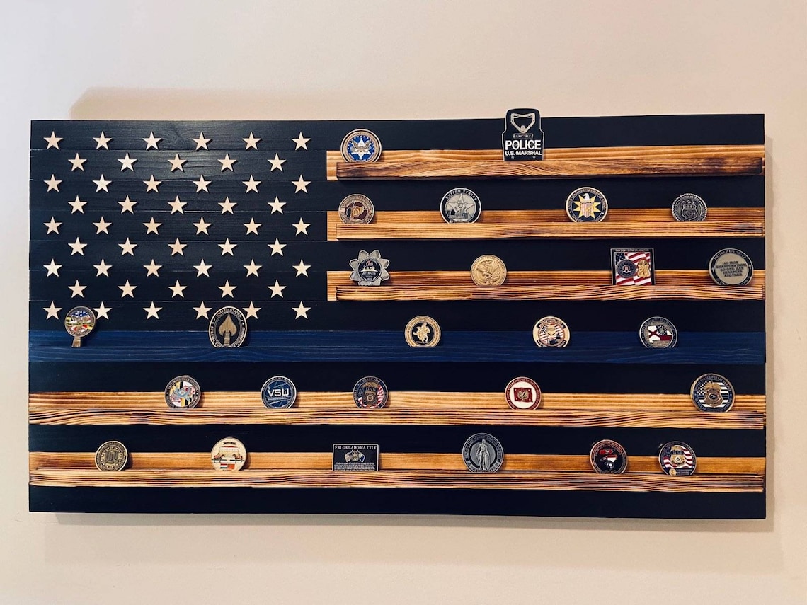 Challenge Coin Display American Flag Thin Blue Line Rustic | Etsy