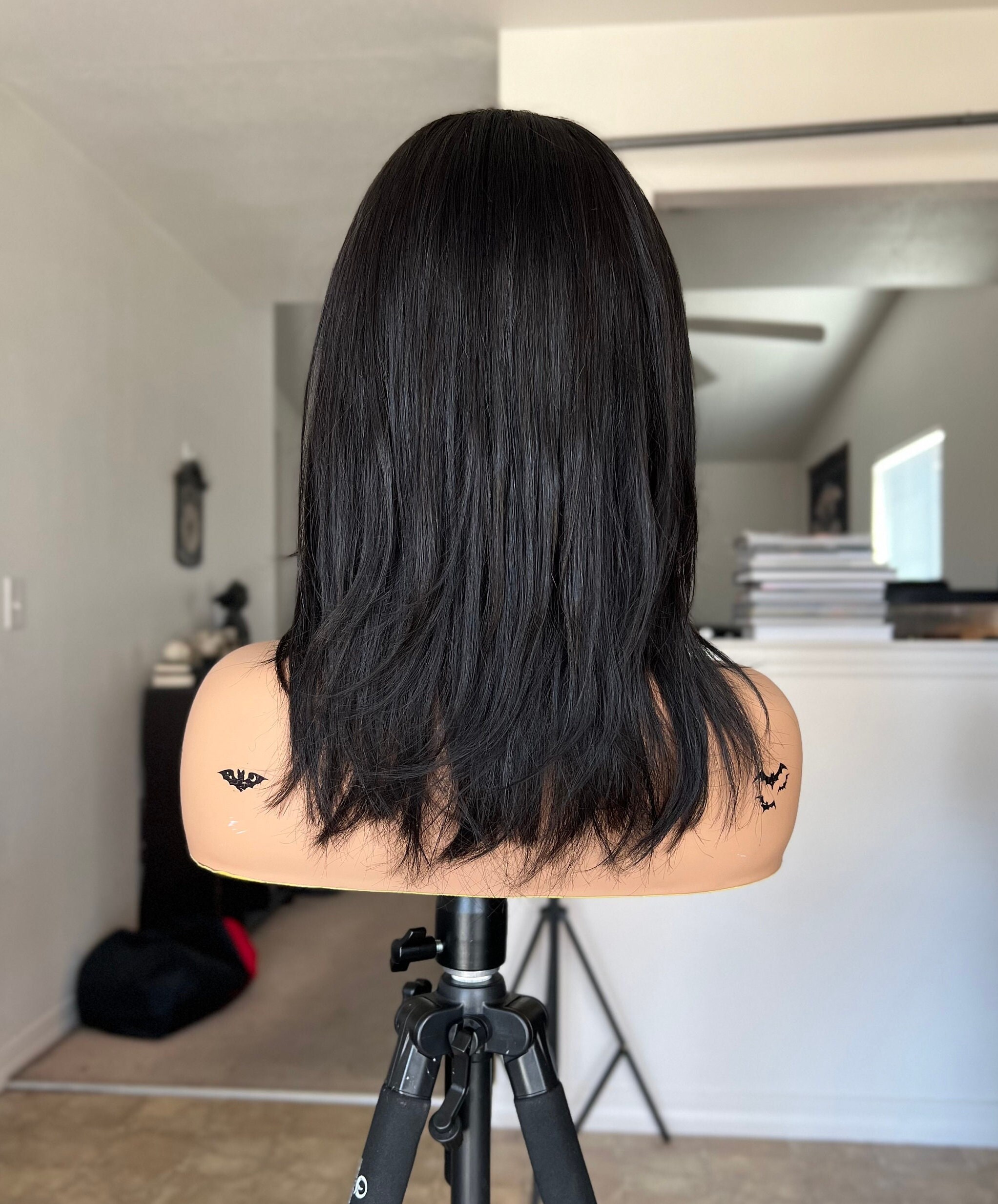 Dark Brown Shag / Wolf Cut Human Hair Wig Lace Free Bang Wig 180% ...