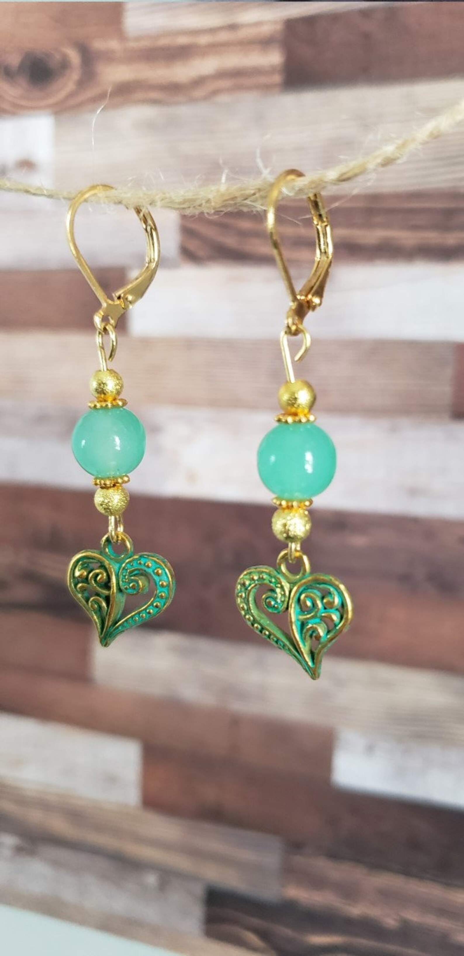 Gold and Green Heart Earrings - Etsy