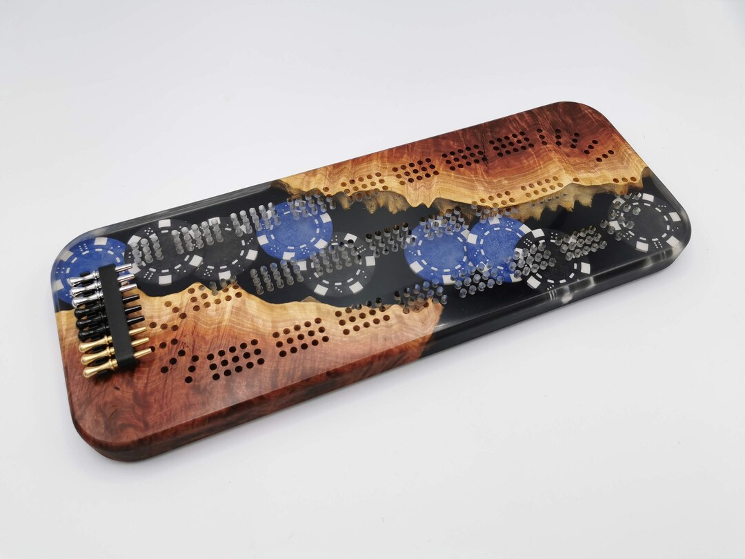 Poker Themed Cribbage Board 3 Track Live Edge Red Mallee Burl and Poker ...
