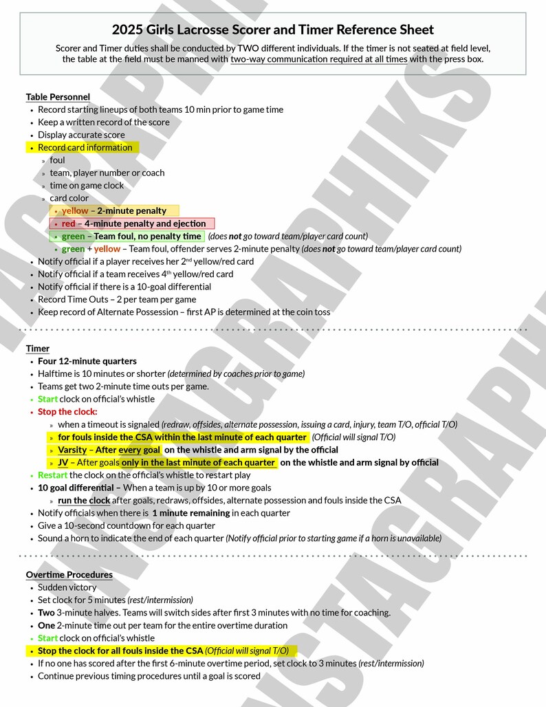 High School Girls Lacrosse Penalty Card Score Sheet Referee Timing ...