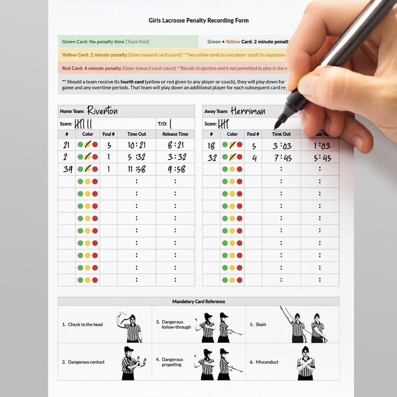High School Girls Lacrosse Penalty Card Score Sheet Referee Timing ...