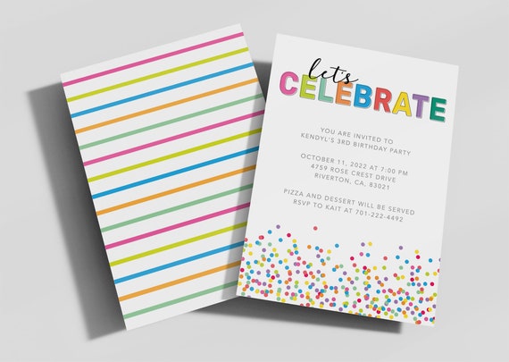 Confetti Rainbow Birthday Invitation Template Girl Boy - Etsy