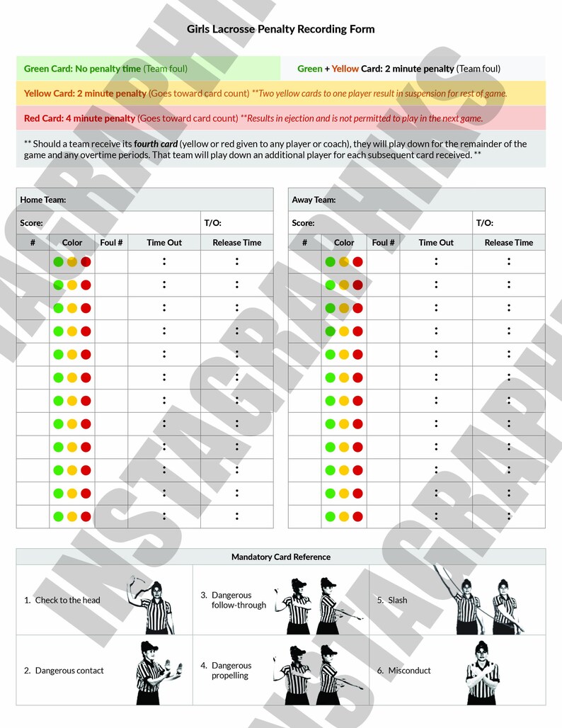 High School Girls Lacrosse Penalty Card Score Sheet Referee Timing ...