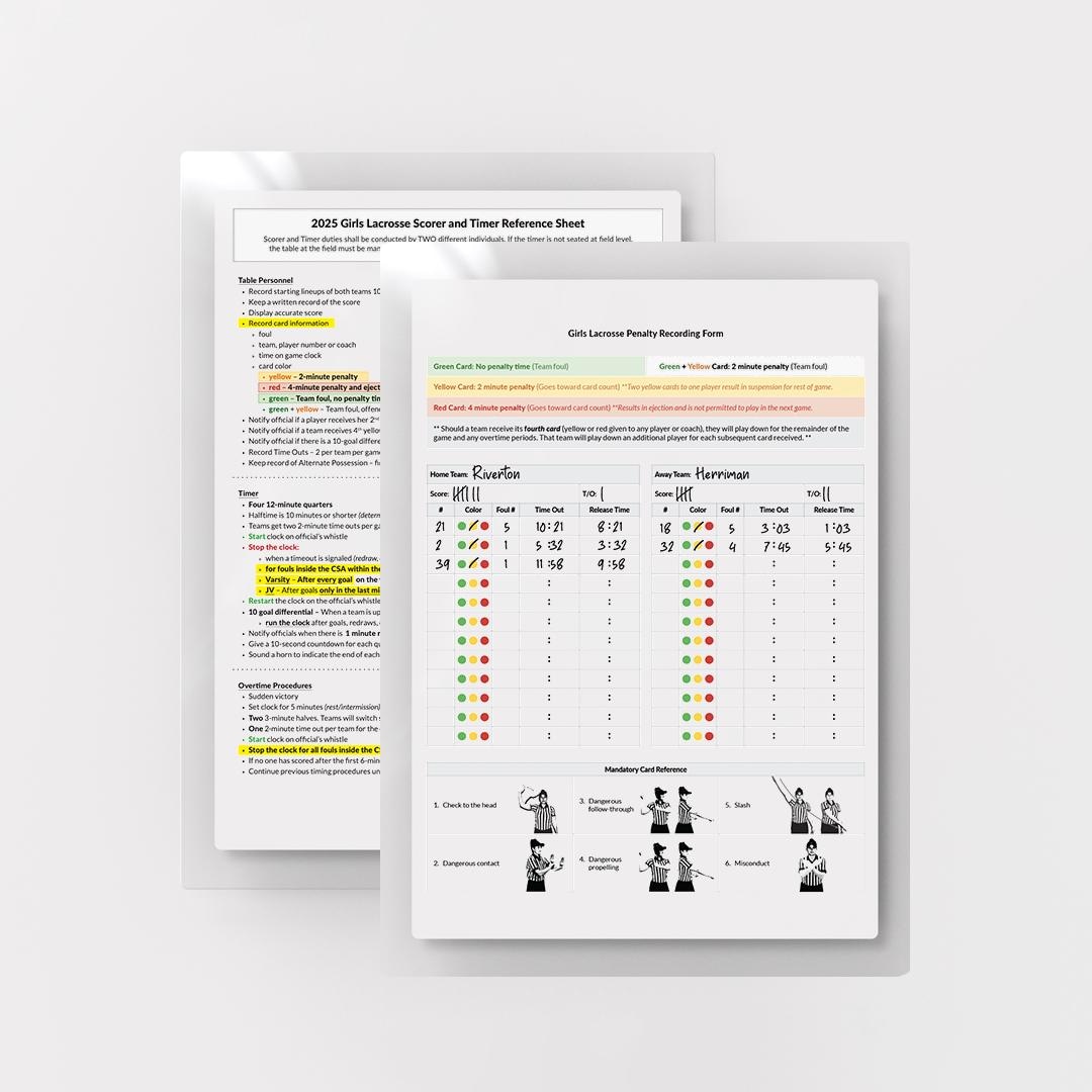 High School Girls Lacrosse Penalty Card Score Sheet Referee Timing ...