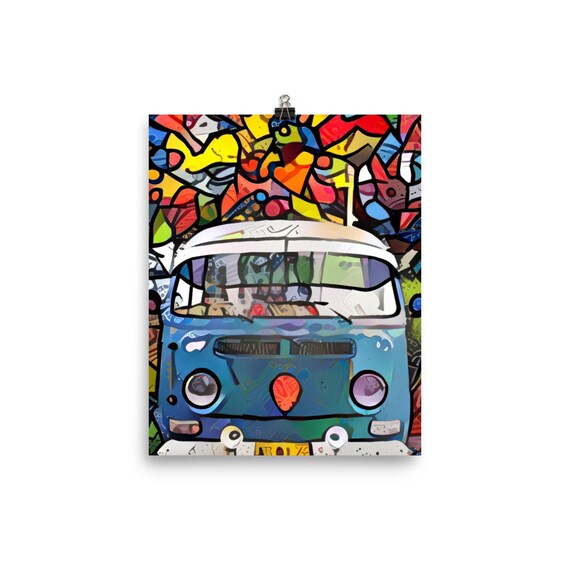 Digital Download Blue VW Van Cartoon Art Digital Art Poster - Etsy
