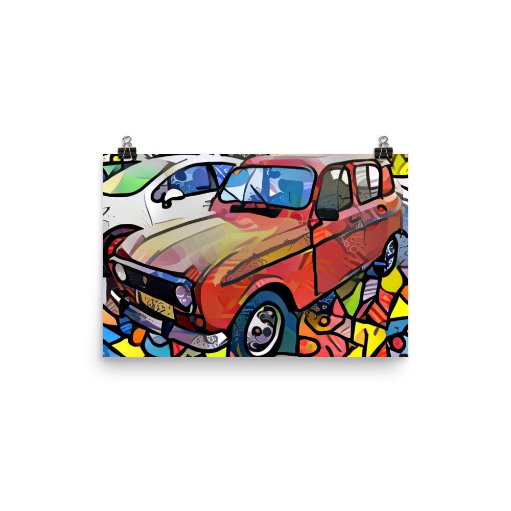 Digital Download Colorful Vintage Car Cartoon Art Red Renault 4 ...