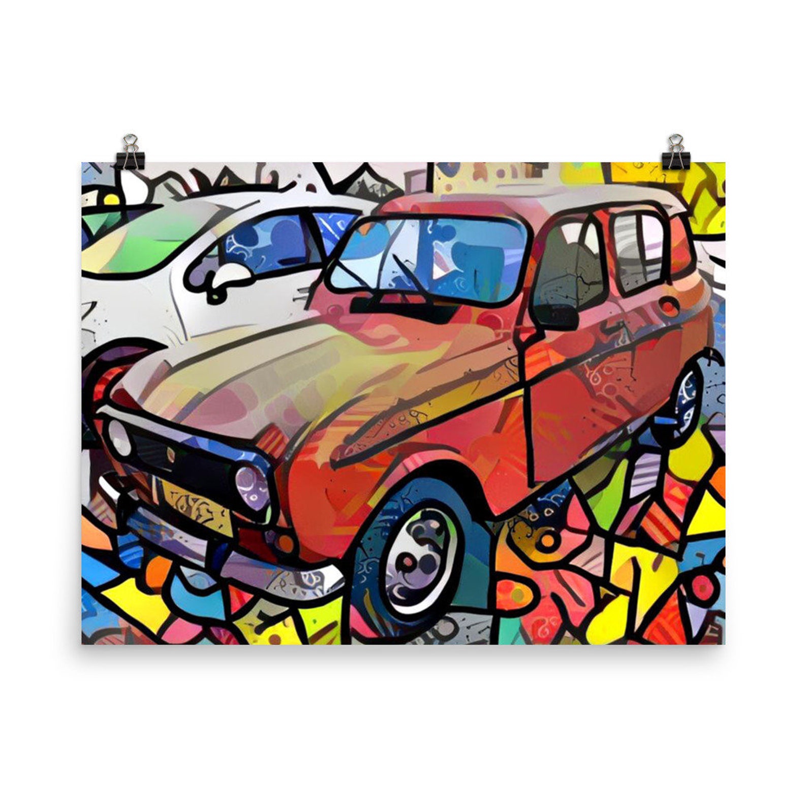 Digital Download Colorful Vintage Car Cartoon Art Red Renault 4 ...