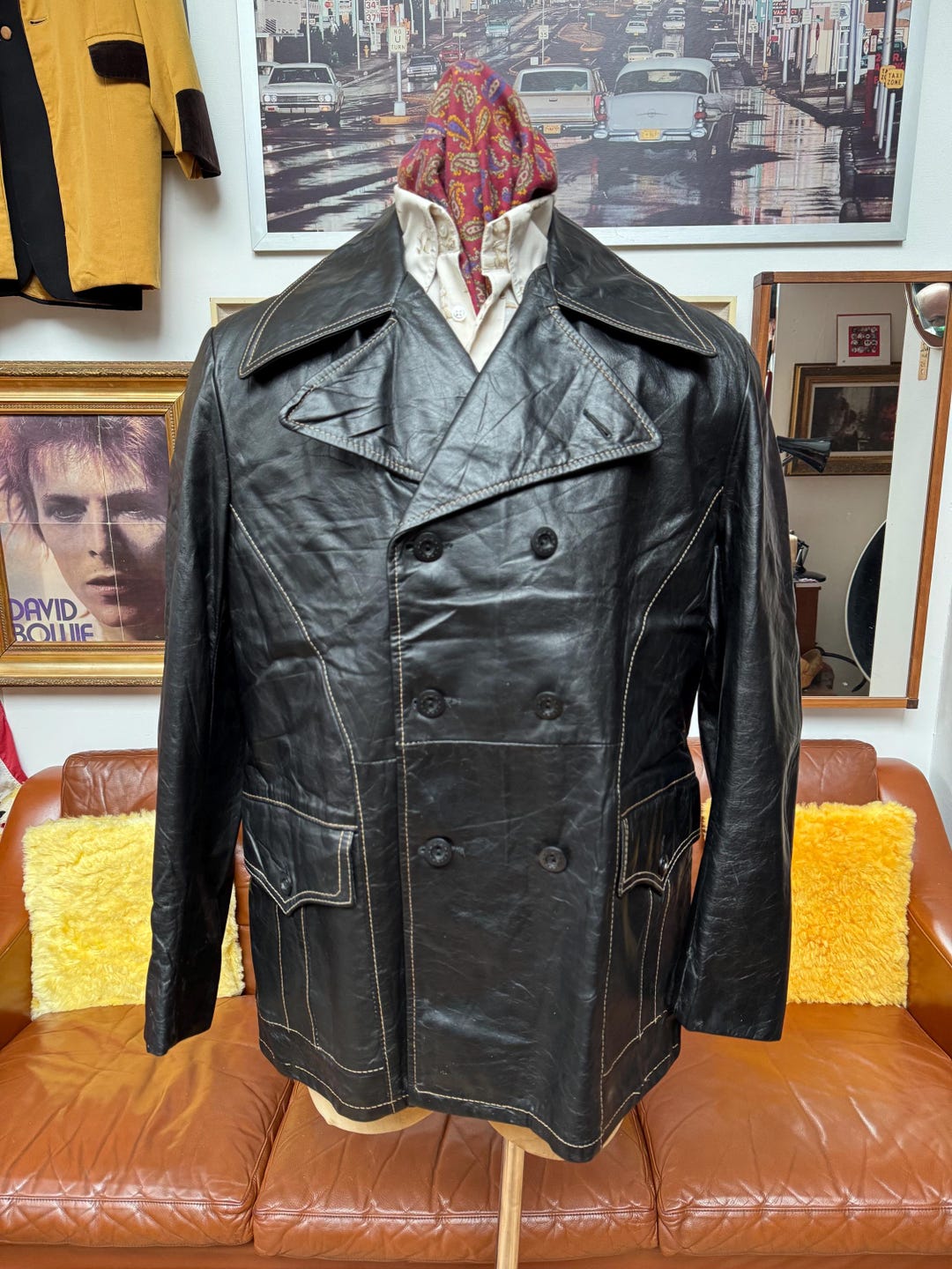 Vintage 1970s Black Leather Funky Superfly Double Breasted Pea Reefer ...
