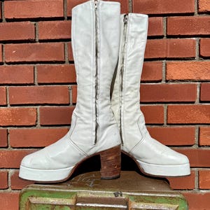 RARE Vintage 1970s White Near Knee High L Stacked Wooden Heel Leather ...