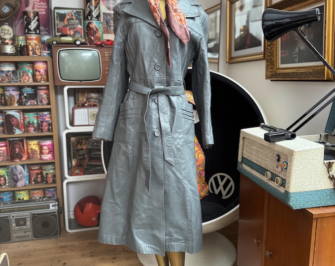 Vintage 1960s - 1970s Grey Leather Trench Coat / Maxi Length / XS-S ...