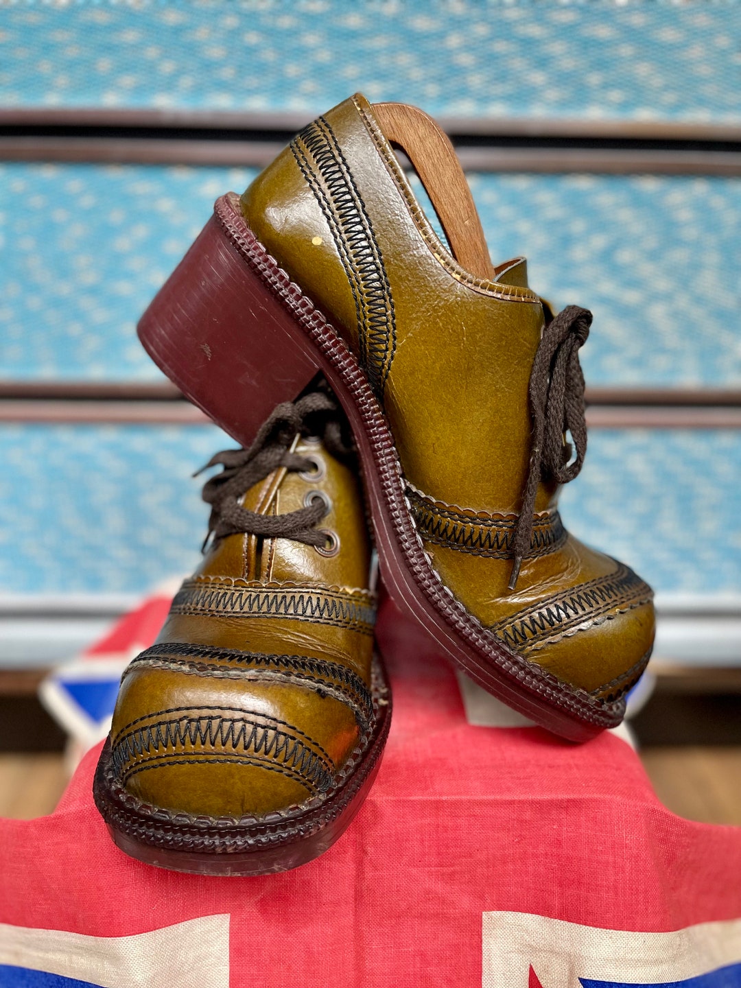 Amazing Vintage 1970s 70's Olive Coloured,heavy Black Stitching Glam ...