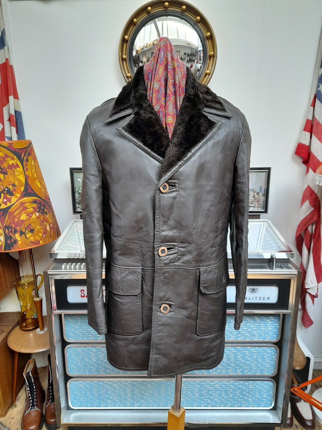 Vintage 1970s 70's Borg Acrylic Lined Brown Superfly Leather Shaft ...