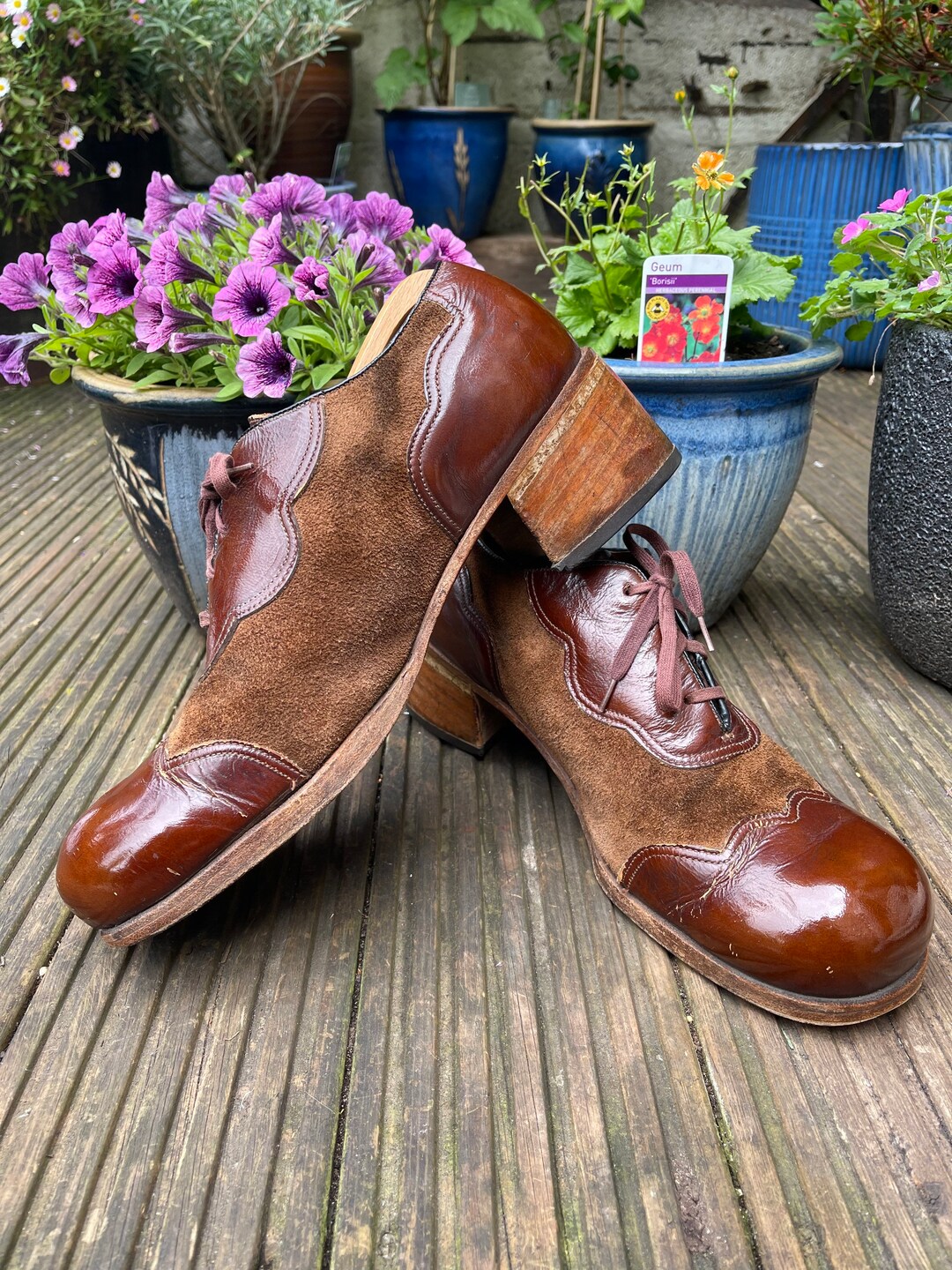 Amazing Vintage 1970s 70’s Brown Suede Leather Two Tone Stacked Heel ...