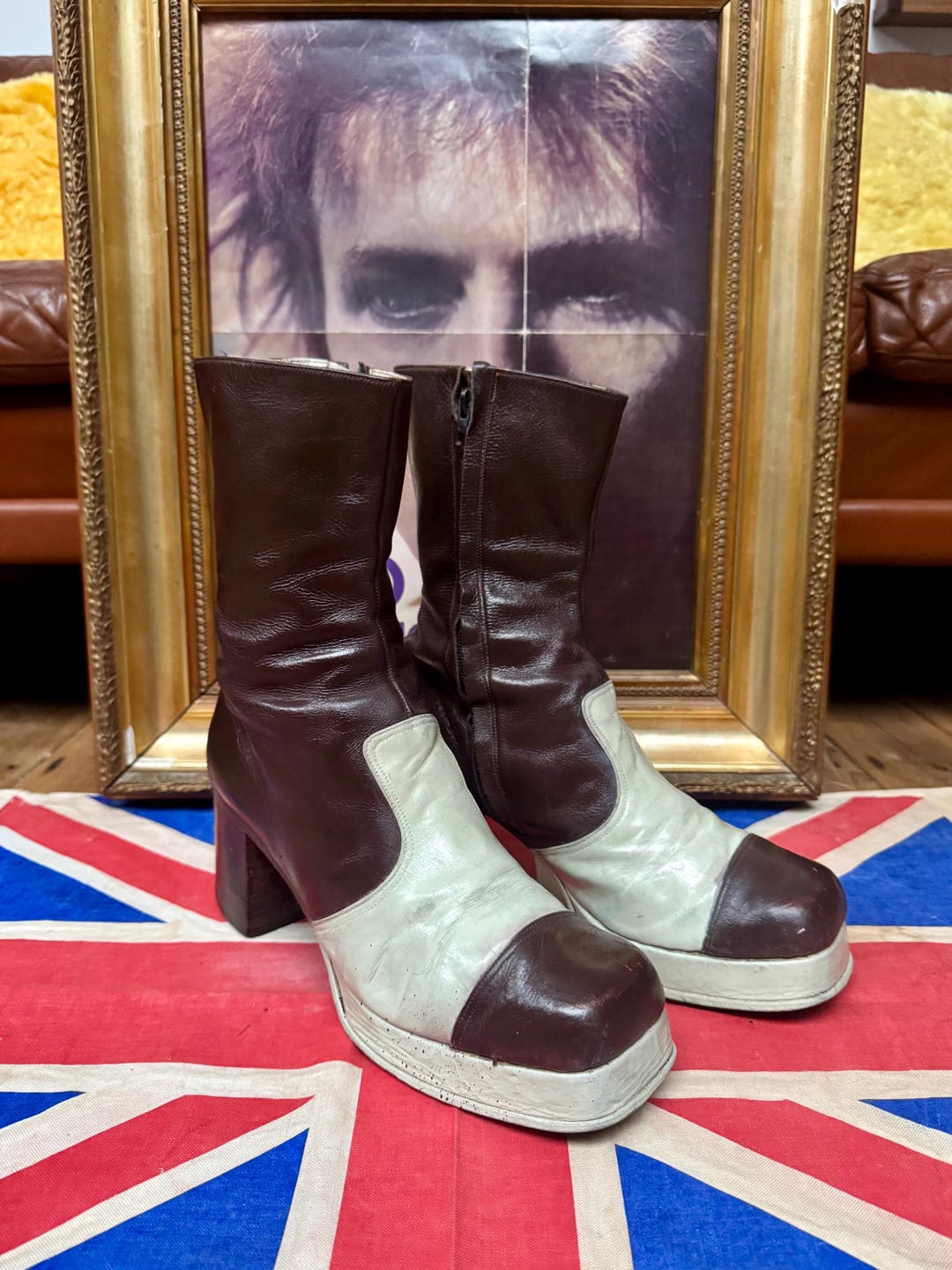 RARE Vintage 1970s Brown/cream Mid Calf High Stacked Wooden Heel Side ...