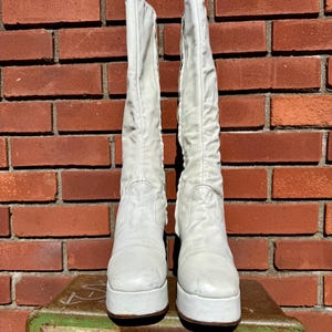RARE Vintage 1970s White Near Knee High L Stacked Wooden Heel Leather ...