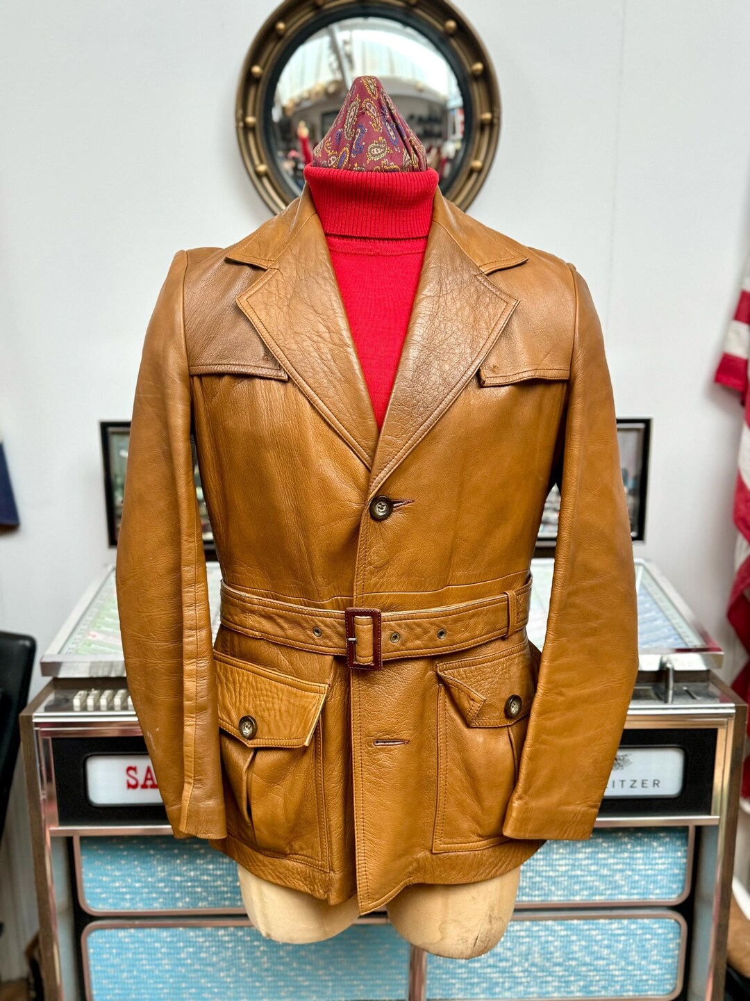 Vintage 1970s Light Tan Soft Leather Belted Safari Sports Leisure ...