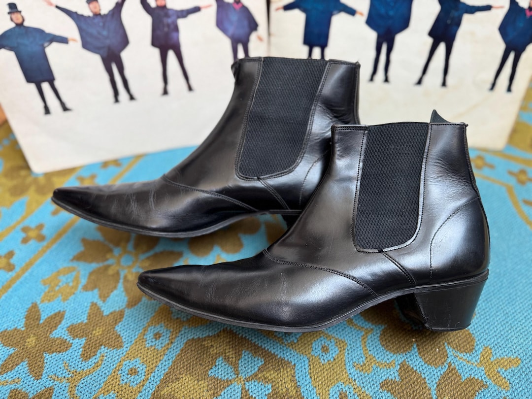 Vintage 1960s Narrow Fitting Black Leather High Heeled Beatle Boots ...
