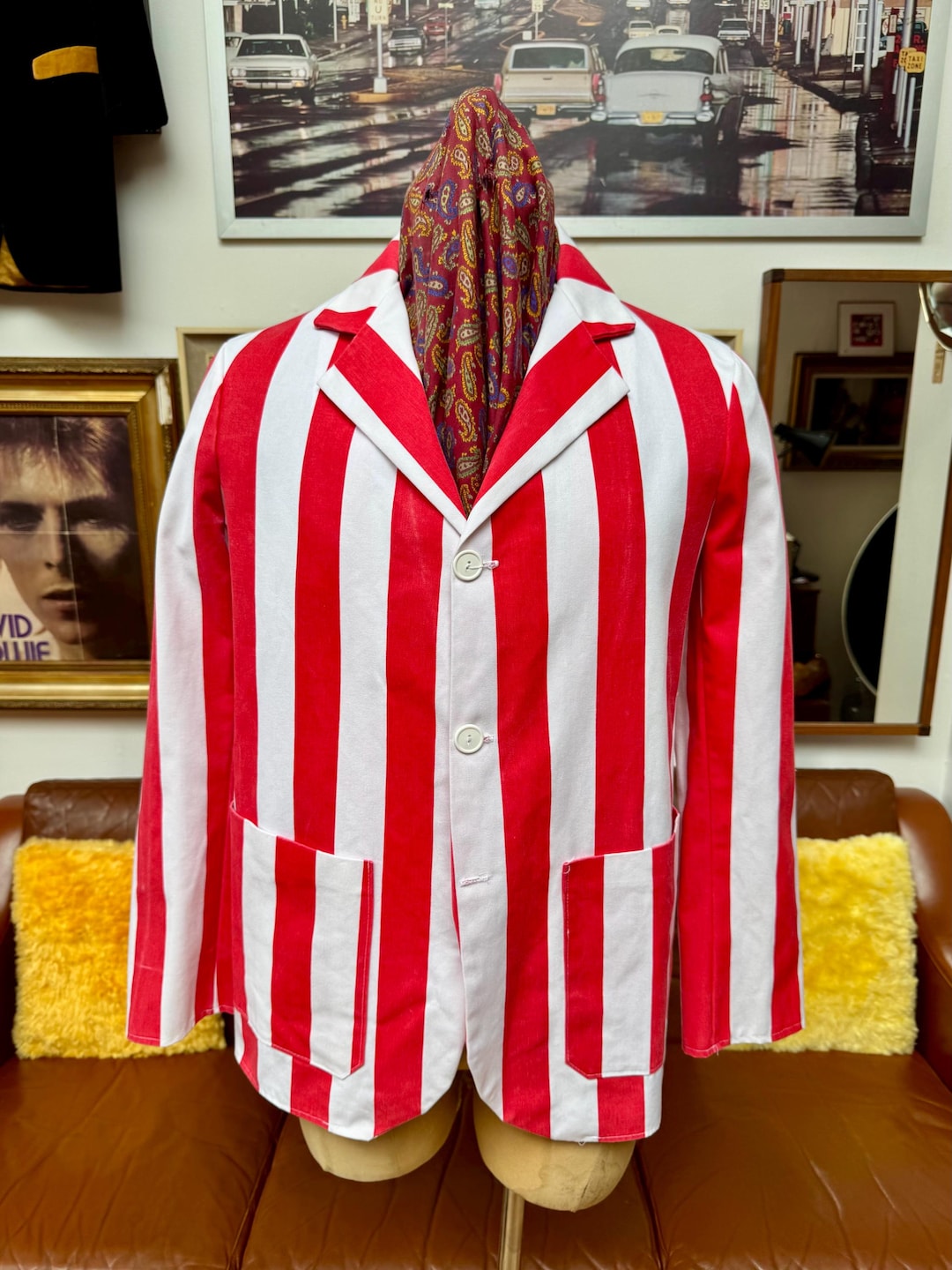 Vintage 1970s USA Made Red White Stripped Boating Blazer Bandstand Carnival Circus Stage Poly ...