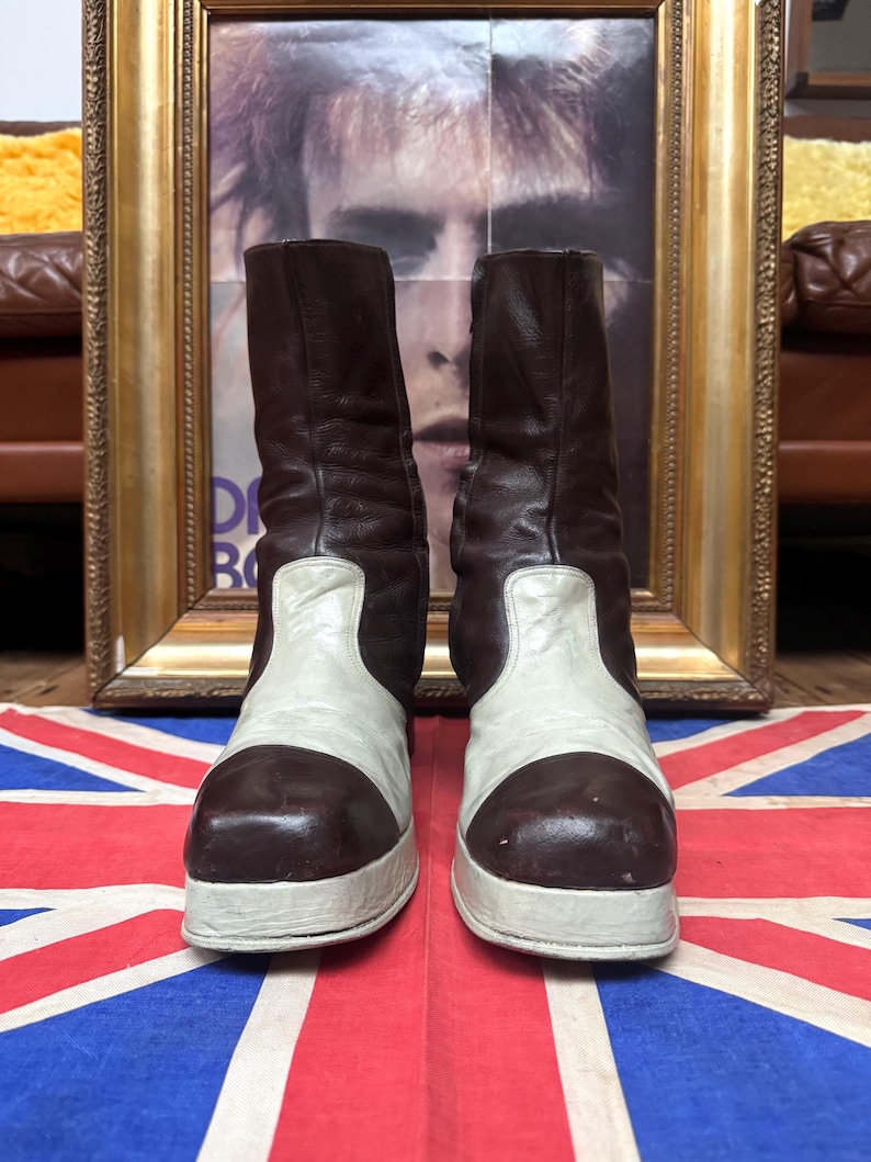 RARE Vintage 1970s Brown/cream Mid Calf High Stacked Wooden Heel Side ...