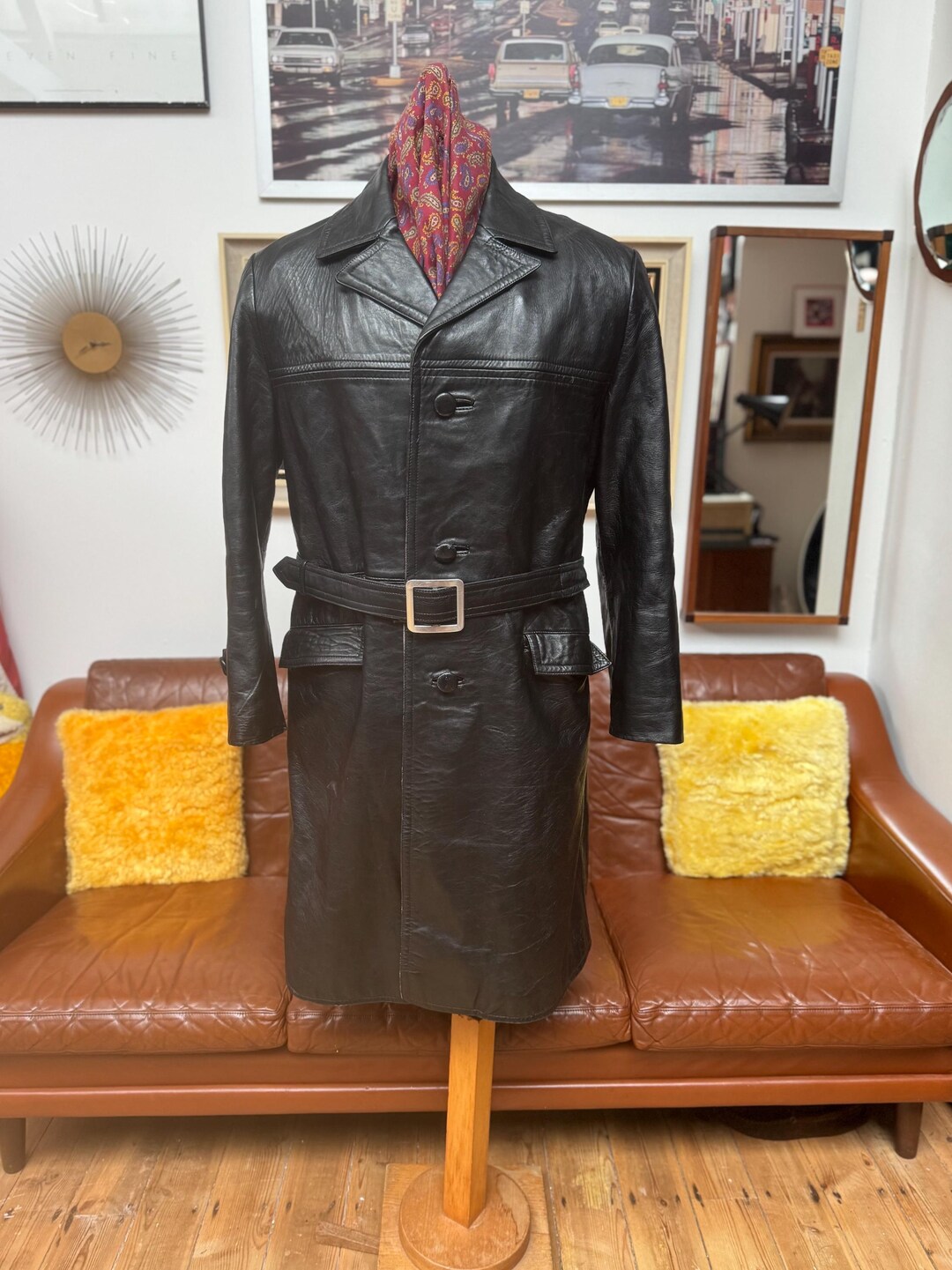 Stunning Vintage 1950s Cold War Era Mongolian Asian Long Black Leather ...