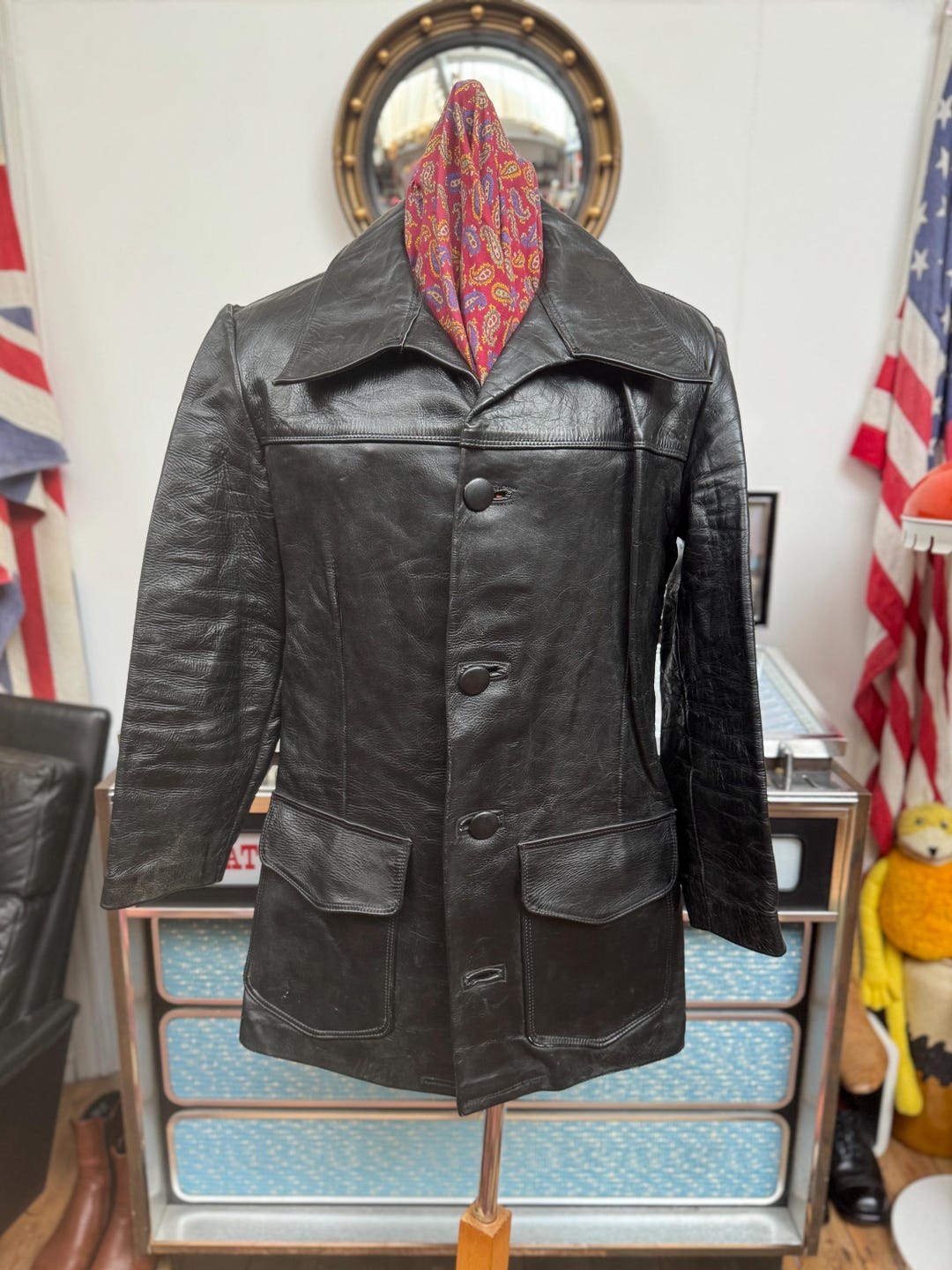 Vintage 1970s Poss Earlier Thick Black Cow Hide? Leather Jacket Coat ...