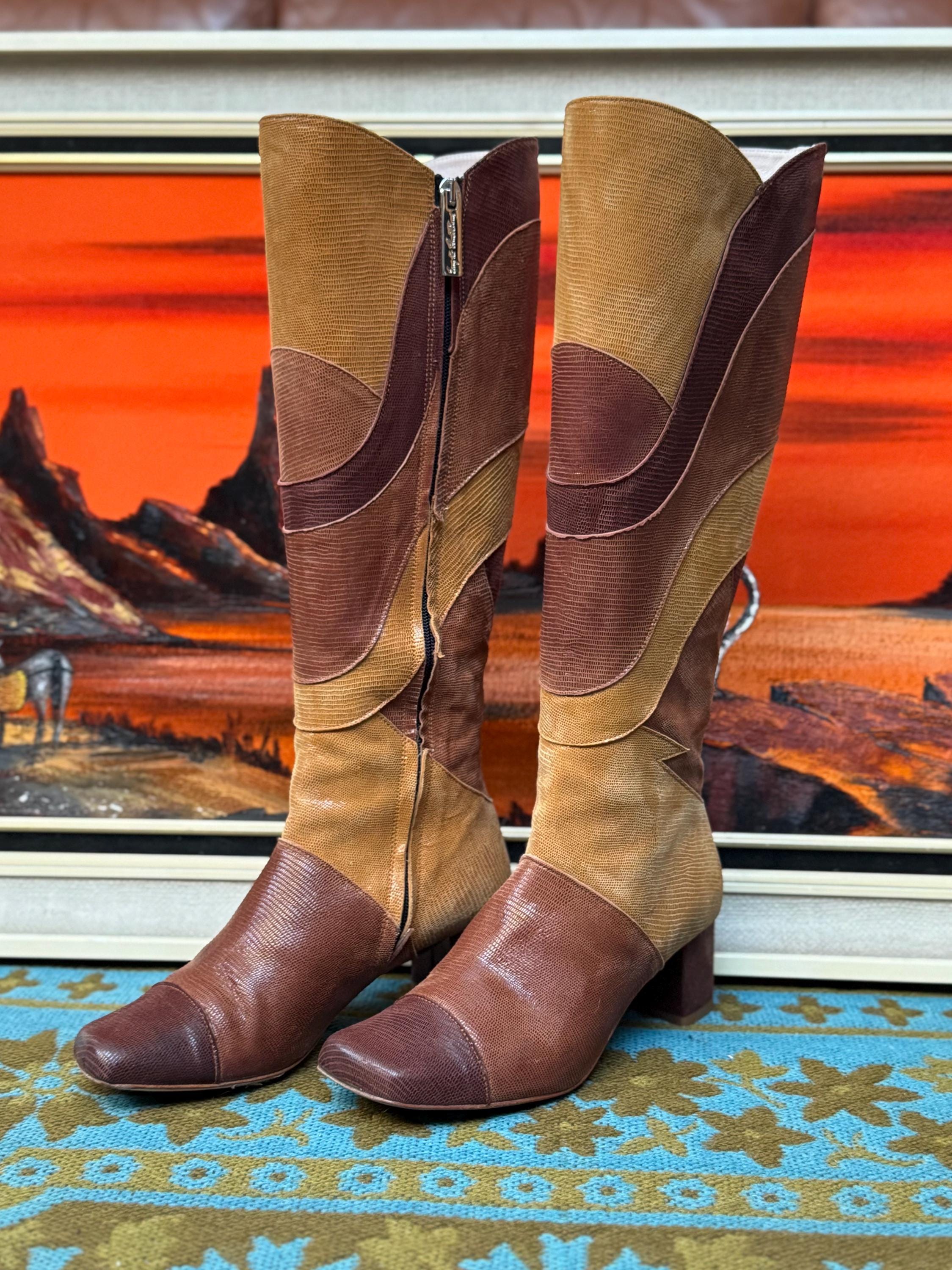 Terry De Havilland VAL 1972 Olive Brown Mix Knee High Boots,retail 495 ...