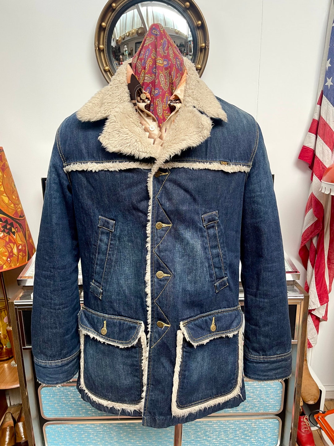 Vintage 1970s LEE LONG RIDER Dark Blue Denim Shearling Western Jacket ...