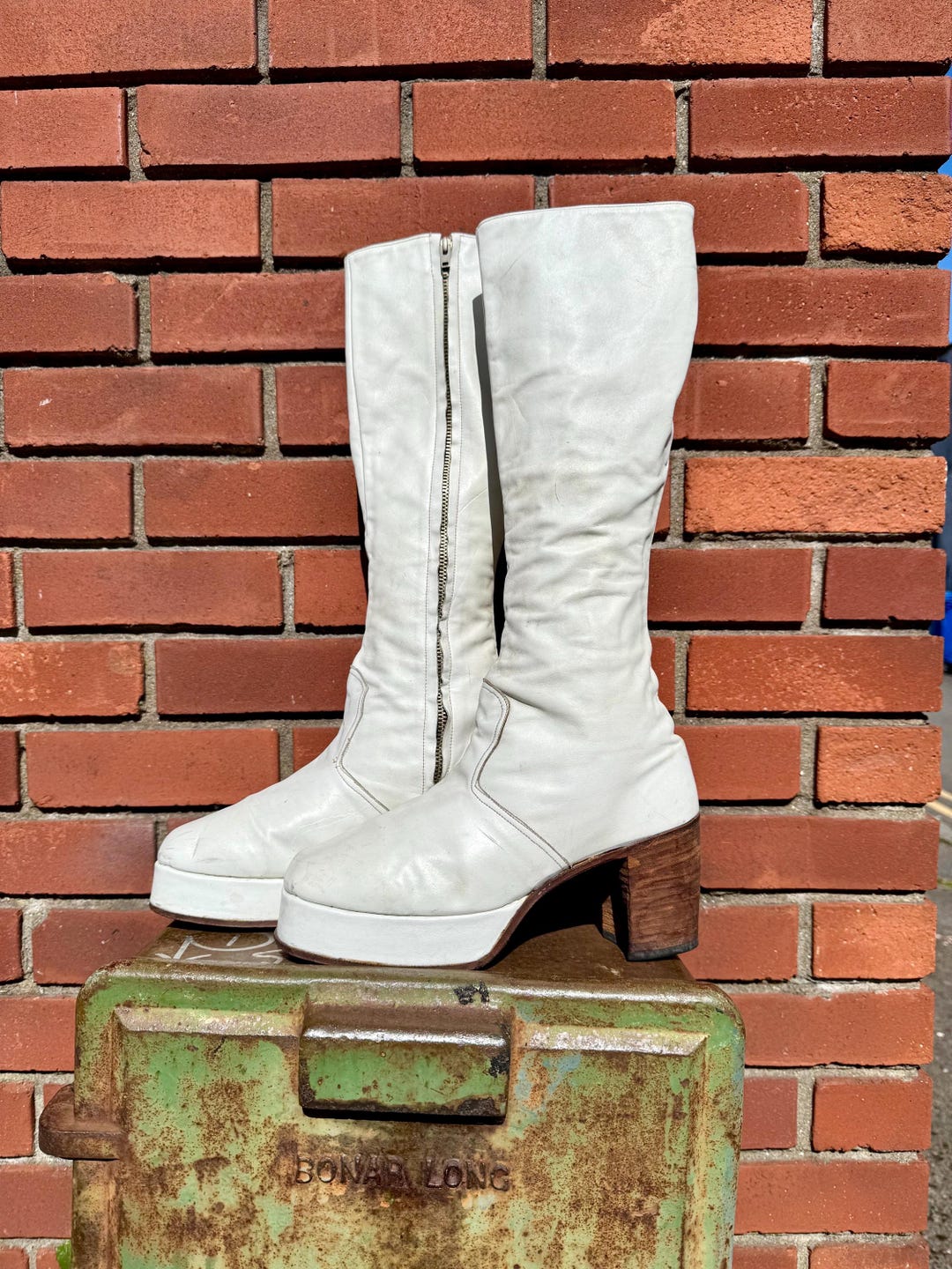 RARE Vintage 1970s White Near Knee High L Stacked Wooden Heel Leather ...