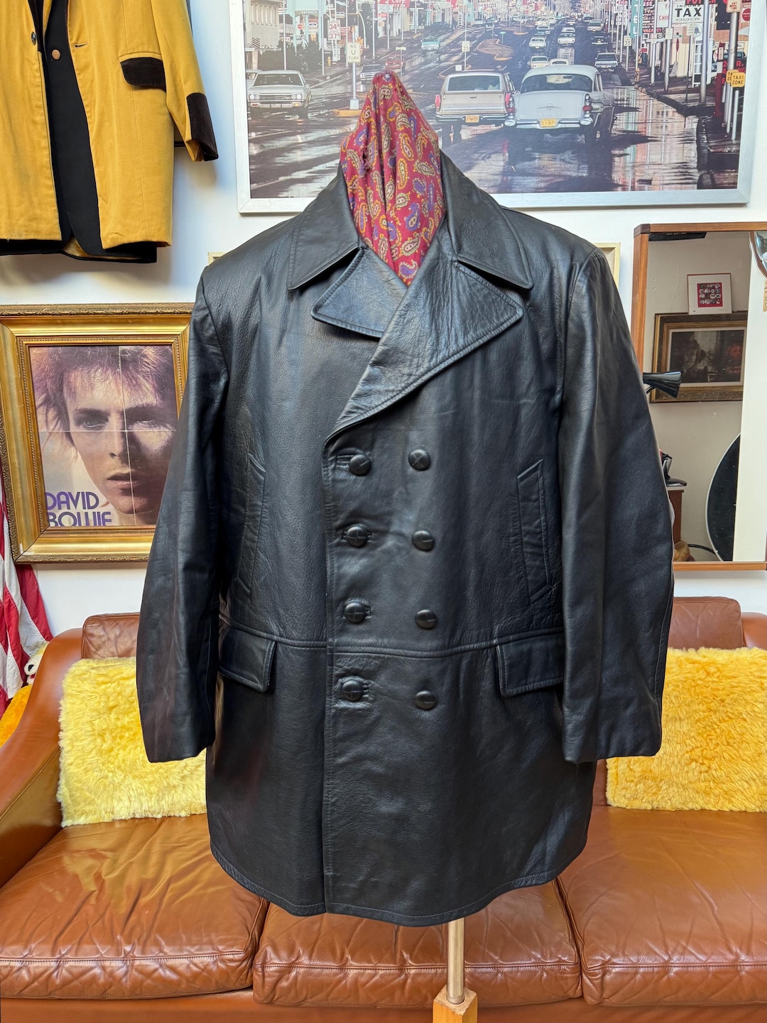Vintage 1980s 80’s Milan Thick Double Breasted Leather Pea Jacket Coat ...