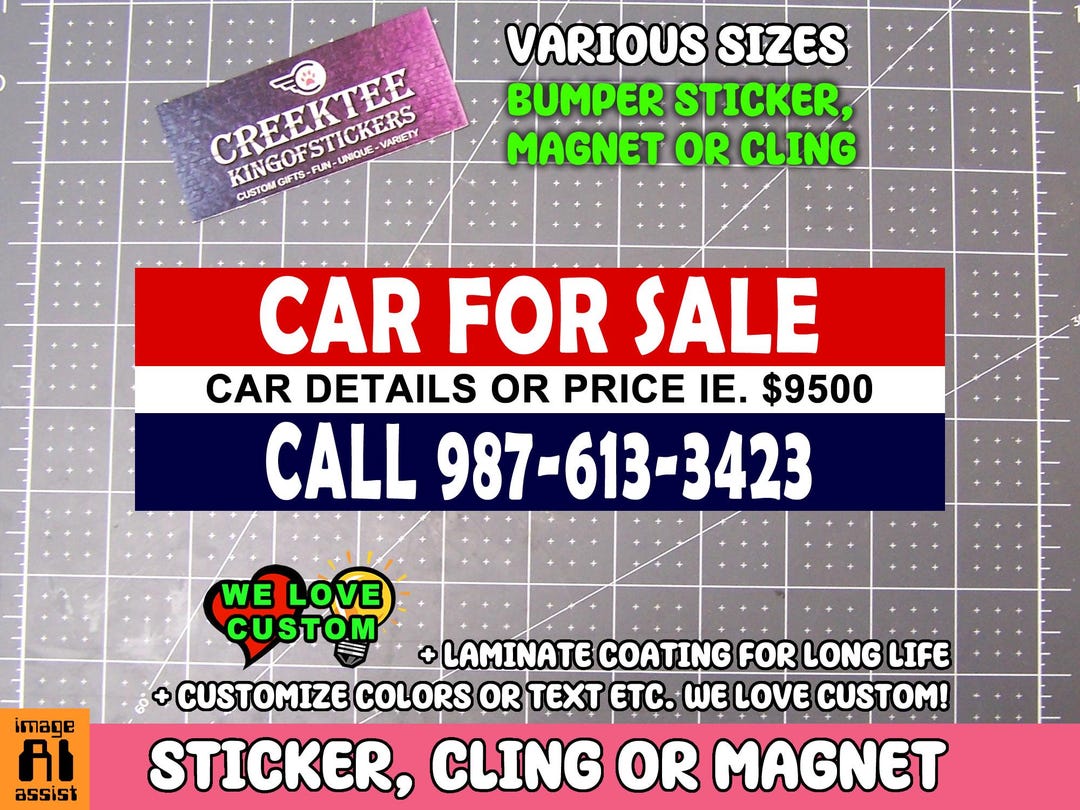 Custom Car for Sale Bumper Sticker, Magnet or Window Cling in Various ...