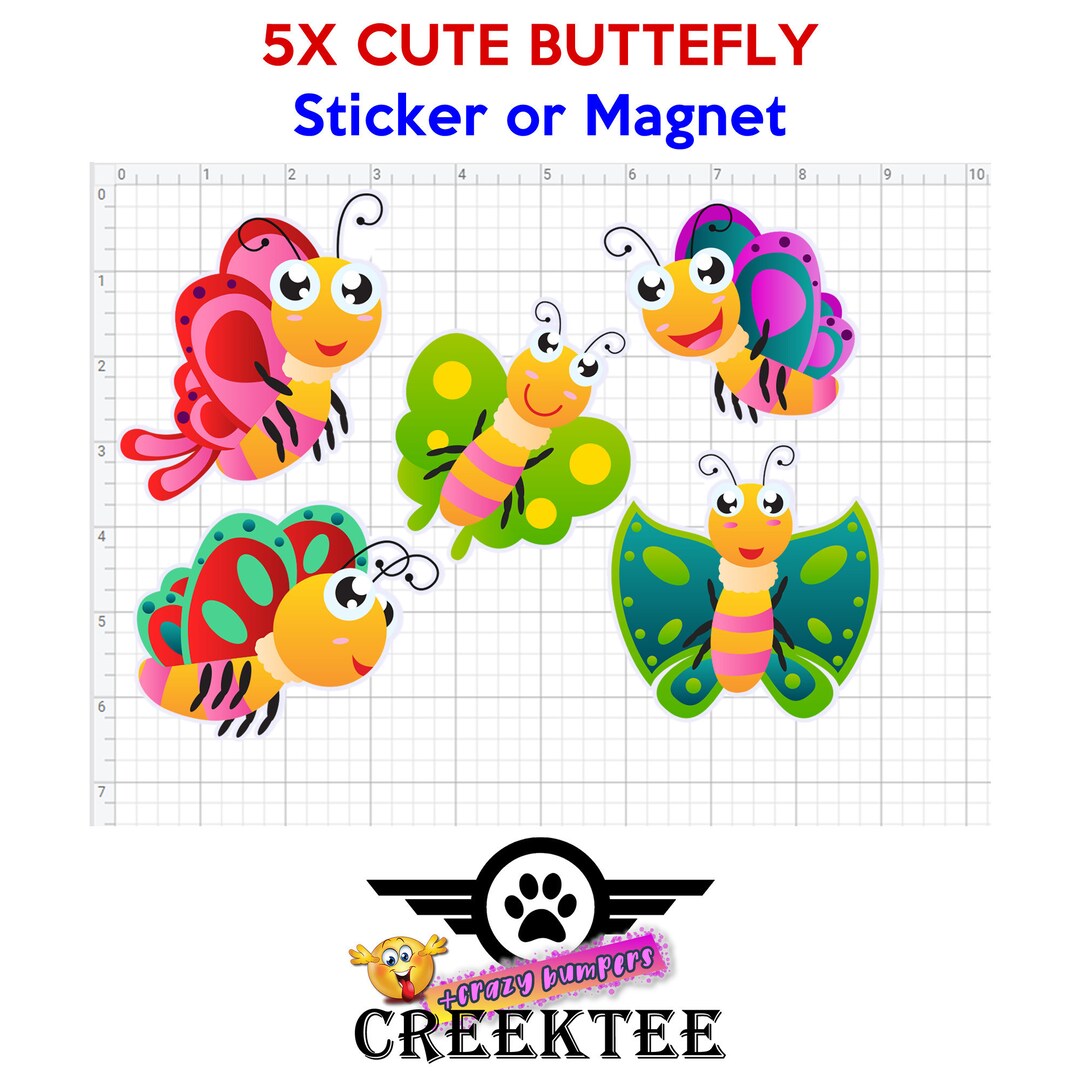 5 Cute Butterfly Cartoon Stickers or Magnets 3 Inch by 3 Inch See Image ...