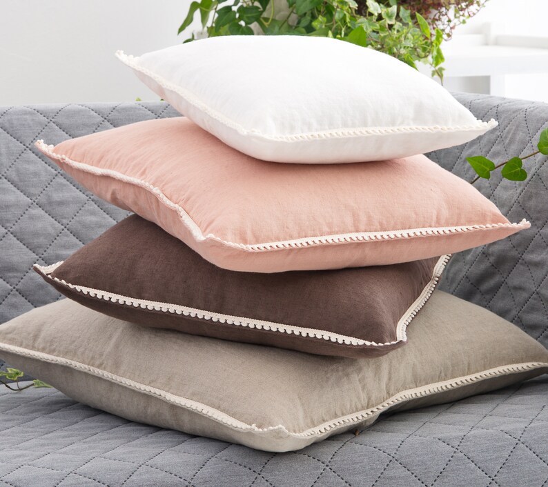 Linen Pillow Cover. Washed Linen Pillowcase With Pom-poms. Stylish ...