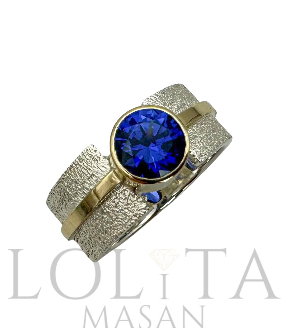 Large Blue Corundum Ring, Sterling Silver and Solid 14k Yellow Gold ...