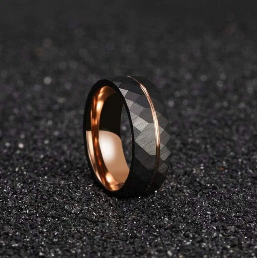Custom Engrave Man Ring, Hammer Man Ring Black & Rose Gold Mens ...