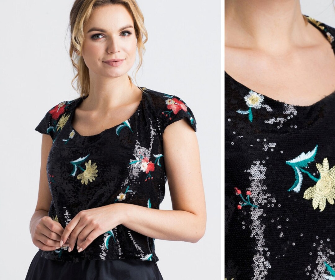 Sequined Black Top Evening Sequined Top Flower Sequined Top - Etsy