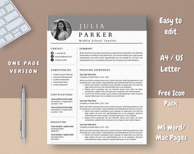 Teacher Resume and Cover Letter Template, Teacher CV Template, Teaching ...