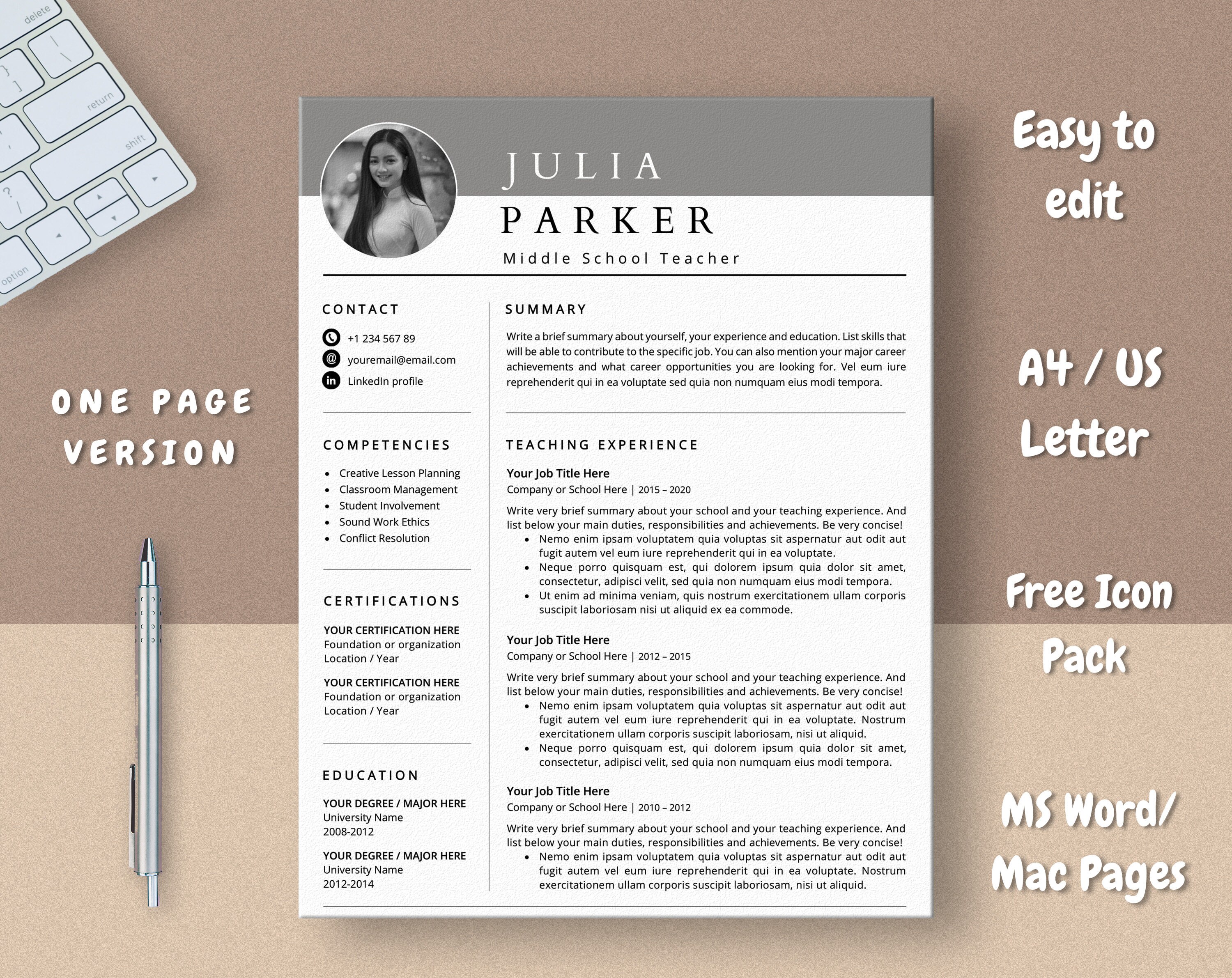 Teacher Resume and Cover Letter Template, Teacher CV Template, Teaching ...
