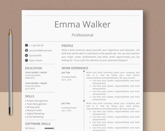 Classic resume template CV template Clean resume Modern | Etsy