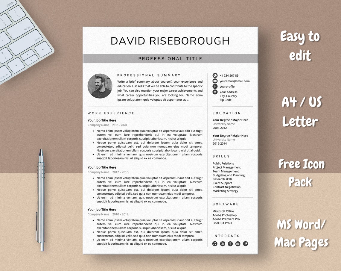 One Page Resume Template, Professional 1 Page CV Template, Minimalist ...