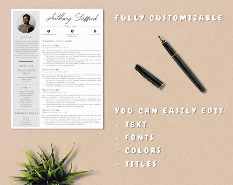 Teacher Resume Template With Photo, Educator CV for Ms Word & Mac Pages ...